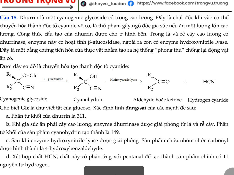 Câu 18. Dhurrin là một cyanogenic glycoside | StudyX