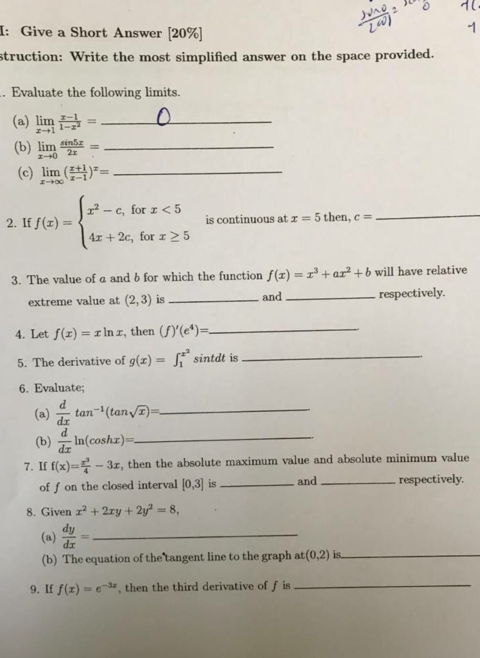 I: Give a Short Answer [20%] Instruction: | StudyX