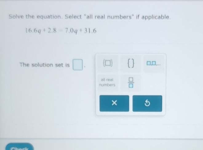 Solve the equation. Select "all real | StudyX