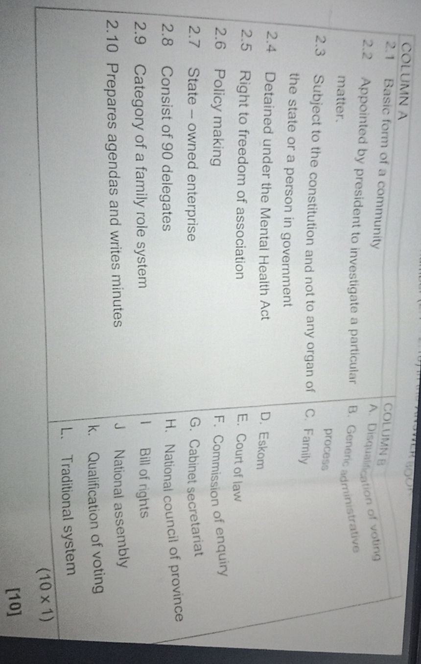 Match the items in Column A with the items | StudyX