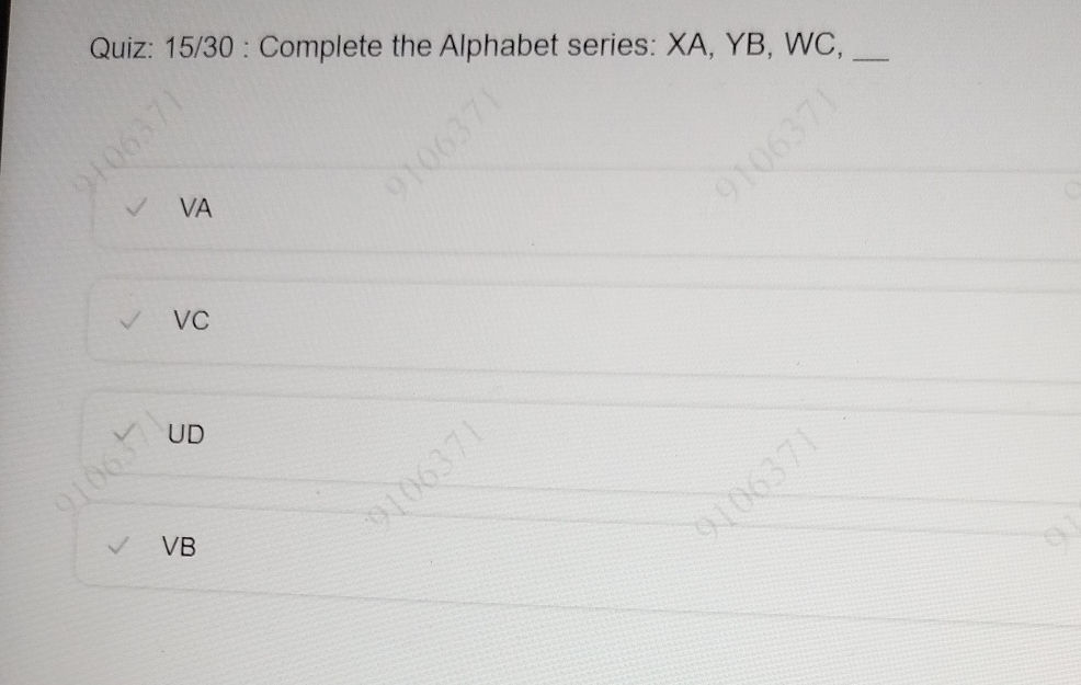Complete the Alphabet series: XA, YB, WC, | StudyX