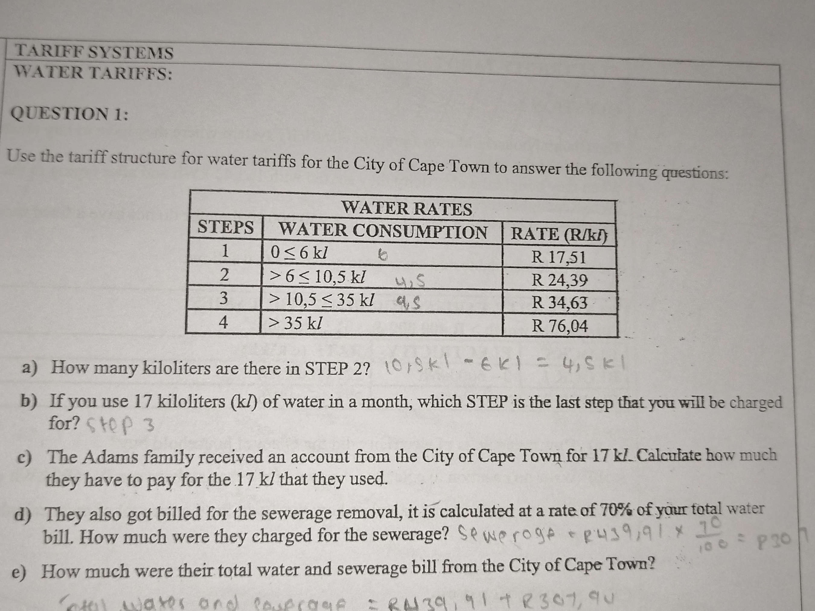 TARIFF SYSTEMS WATER TARIFFS: QUESTION 1: