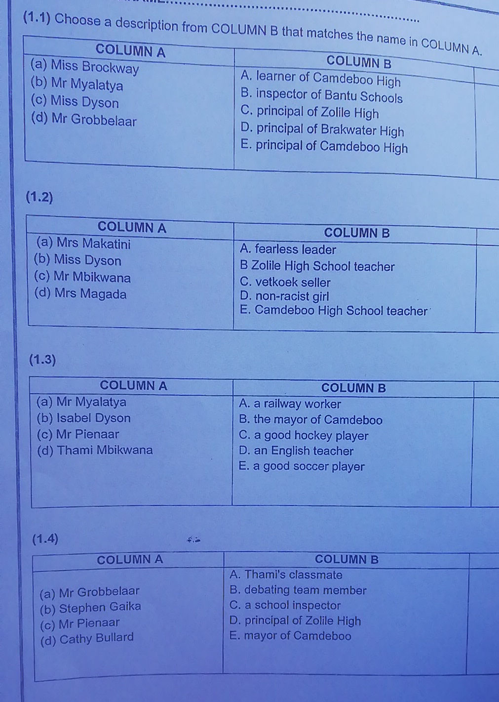 (1.1) Choose a description from COLUMN B | StudyX