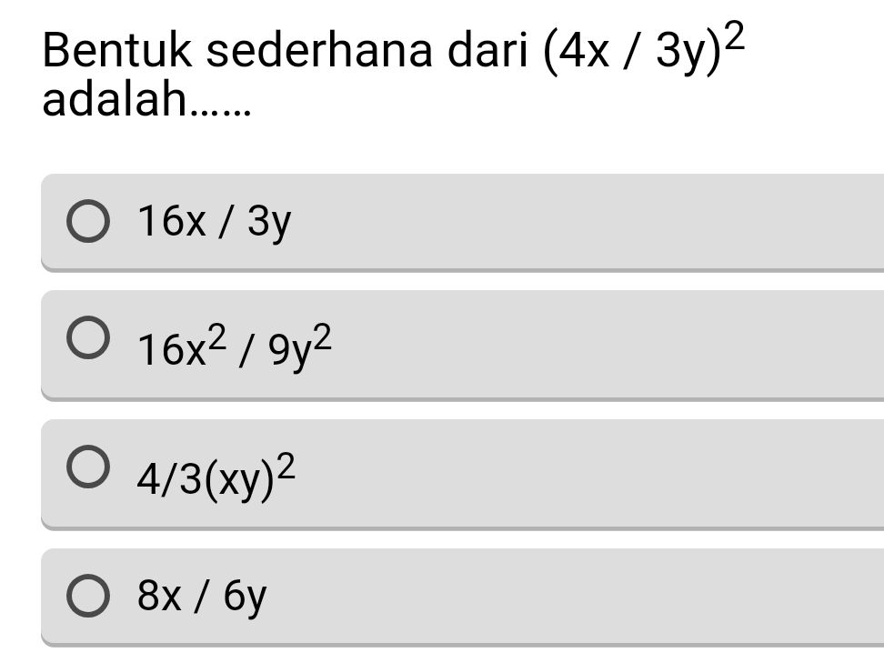 Bentuk sederhana dari $(4x / 3y)^2$ | StudyX