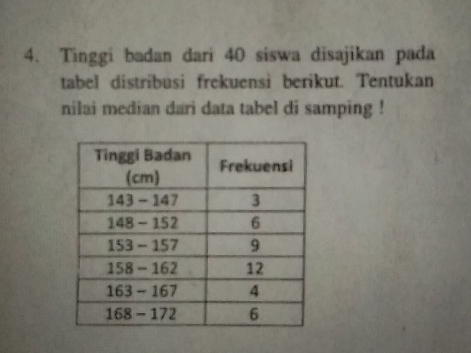 4. Tinggi badan dari 40 siswa disajikan pada | StudyX