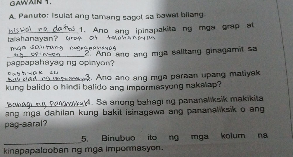GAWAIN 1. A. Panuto: Isulat ang tamang sagot | StudyX