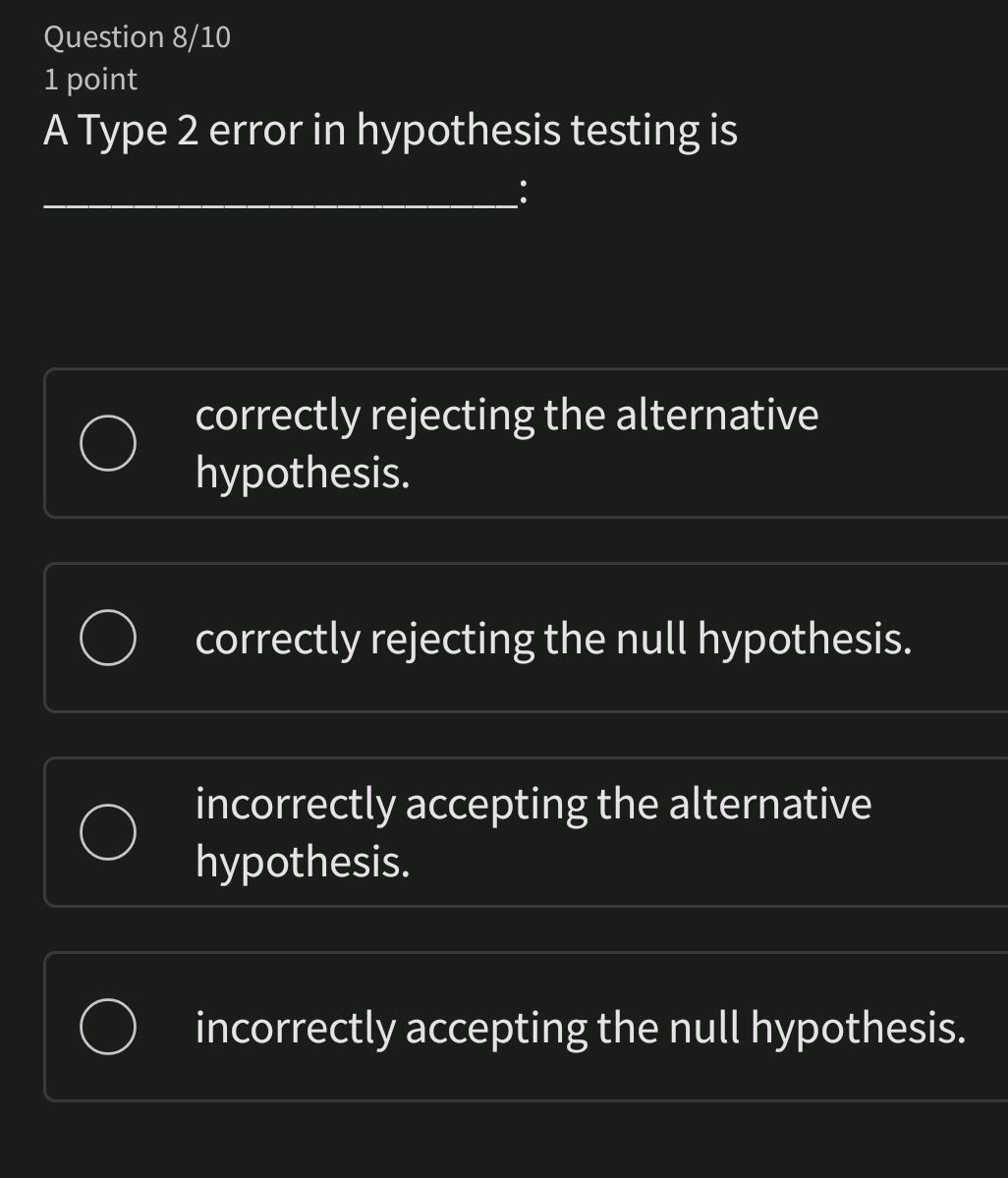 A Type 2 error in hypothesis testing is | StudyX