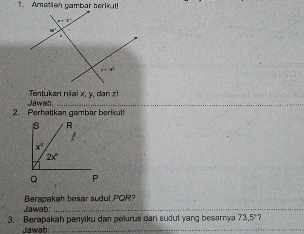 1. Amatilah gambar berikut! ``` 96° x + 10° | StudyX