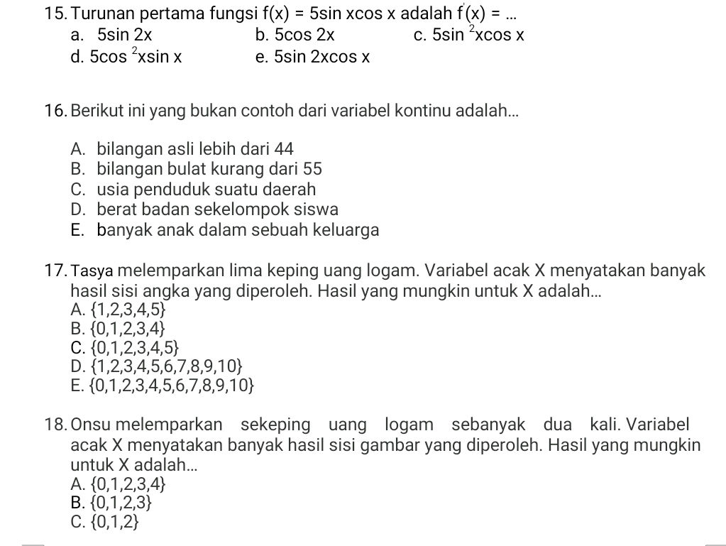 15. Turunan pertama fungsi f(x) = 5sin xcos | StudyX