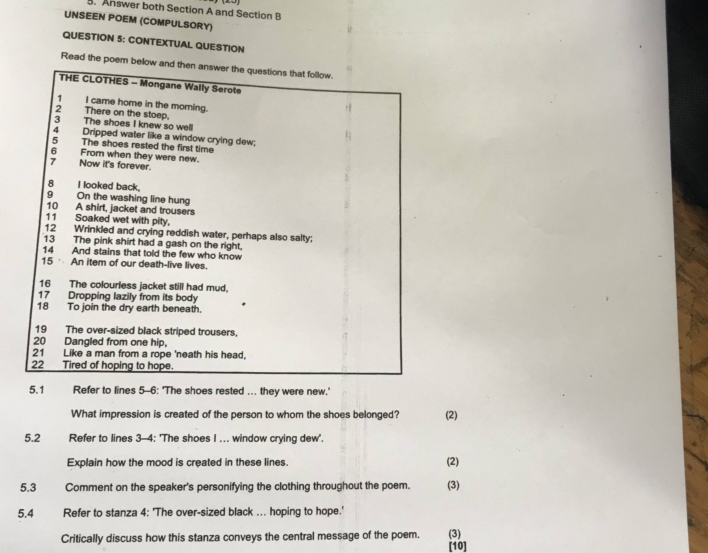 THE CLOTHES - Mongane Wally Serote 1 I came | StudyX