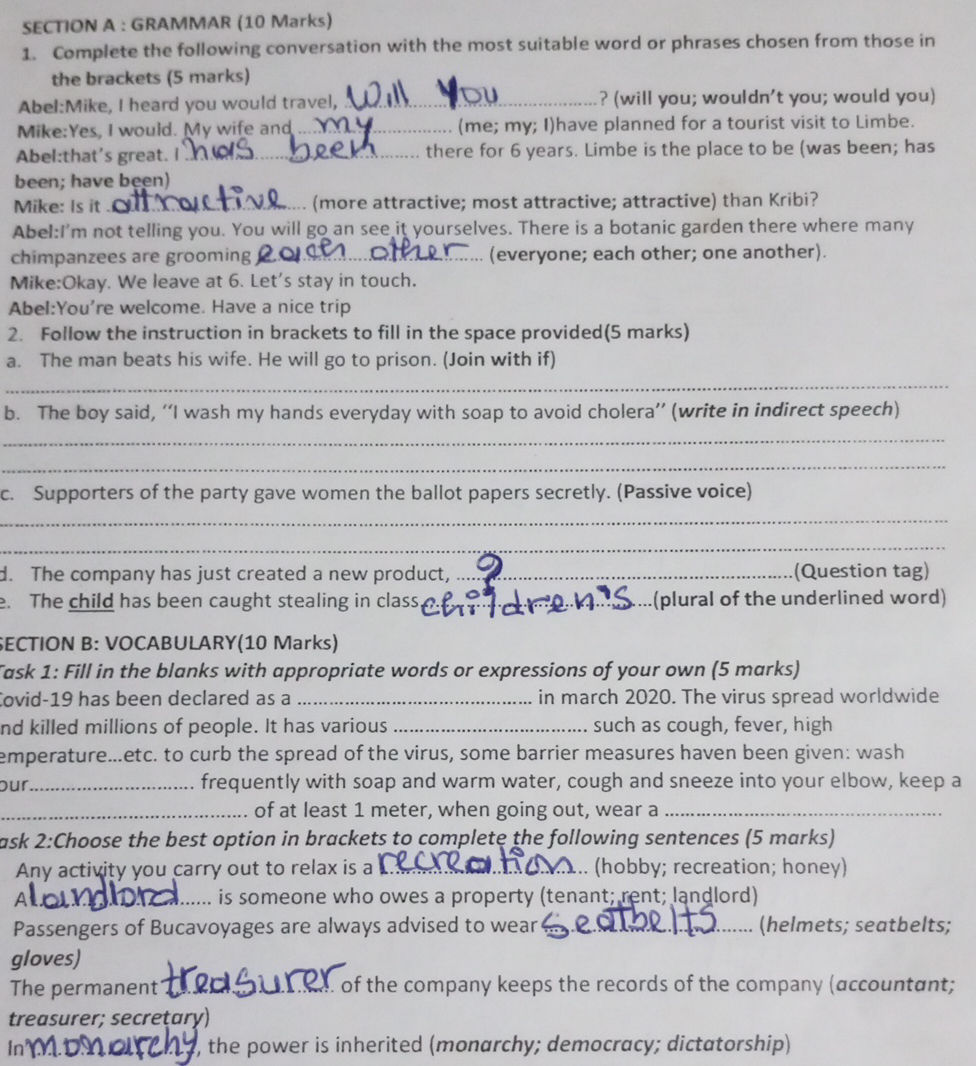 SECTION A: GRAMMAR (10 Marks) 1. Complete | StudyX