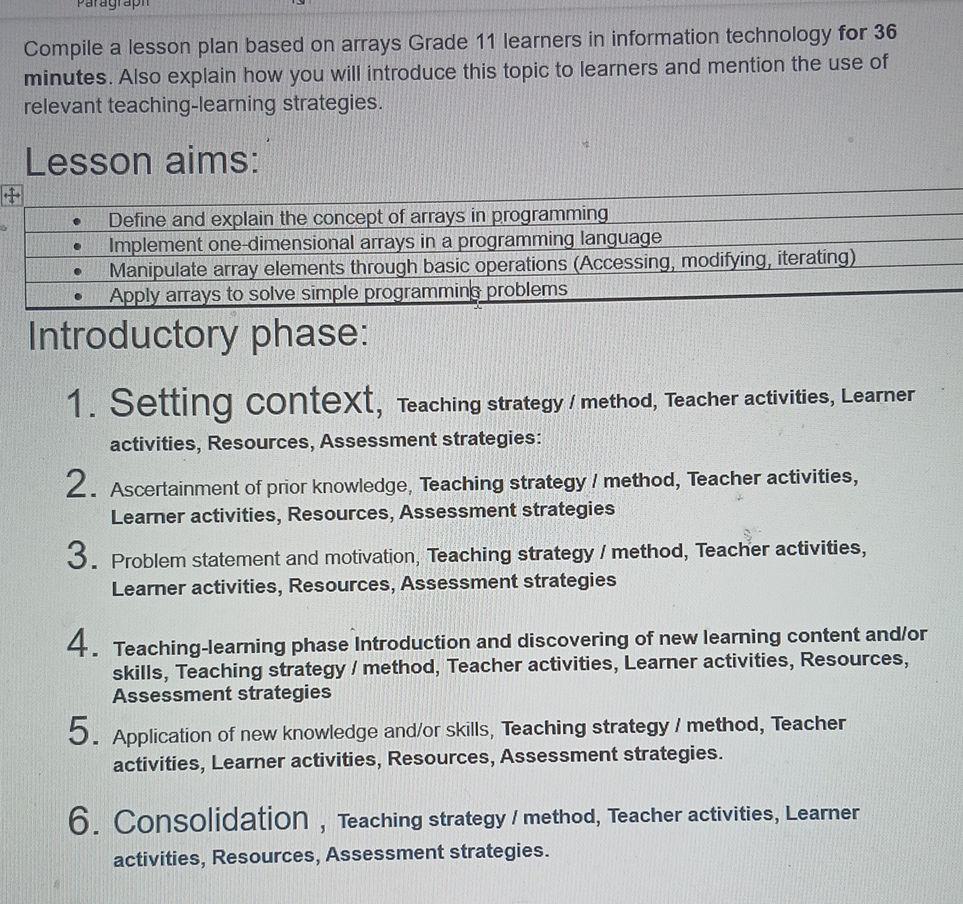 Compile a lesson plan based on arrays Grade | StudyX