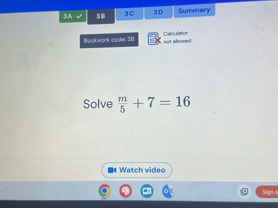 Solve the equation: m/5 + 7 = 16 | StudyX