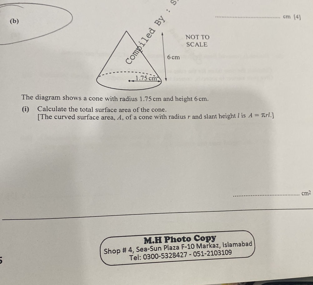 The diagram shows a cone with radius 1.75 cm | StudyX