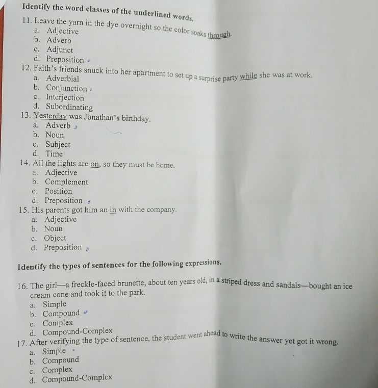 Identify the word classes of the underlined | StudyX