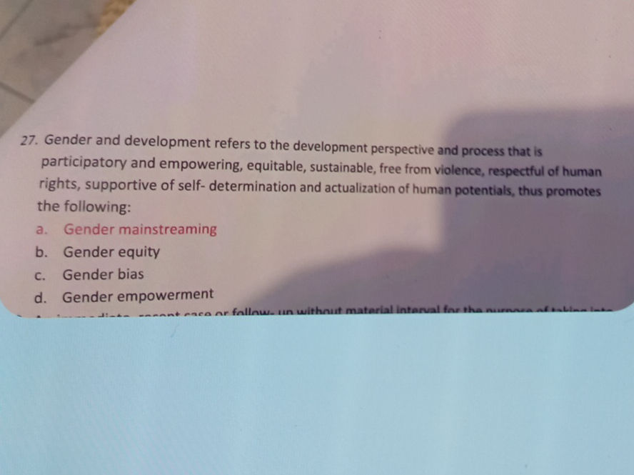 27. Gender and development refers to the | StudyX