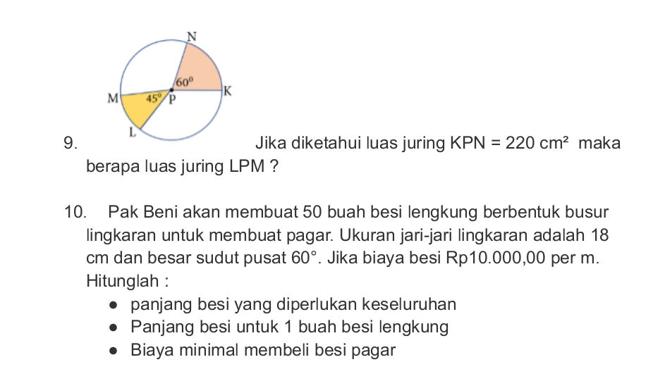 9. Jika diketahui luas juring KPN = 220 cm² | StudyX