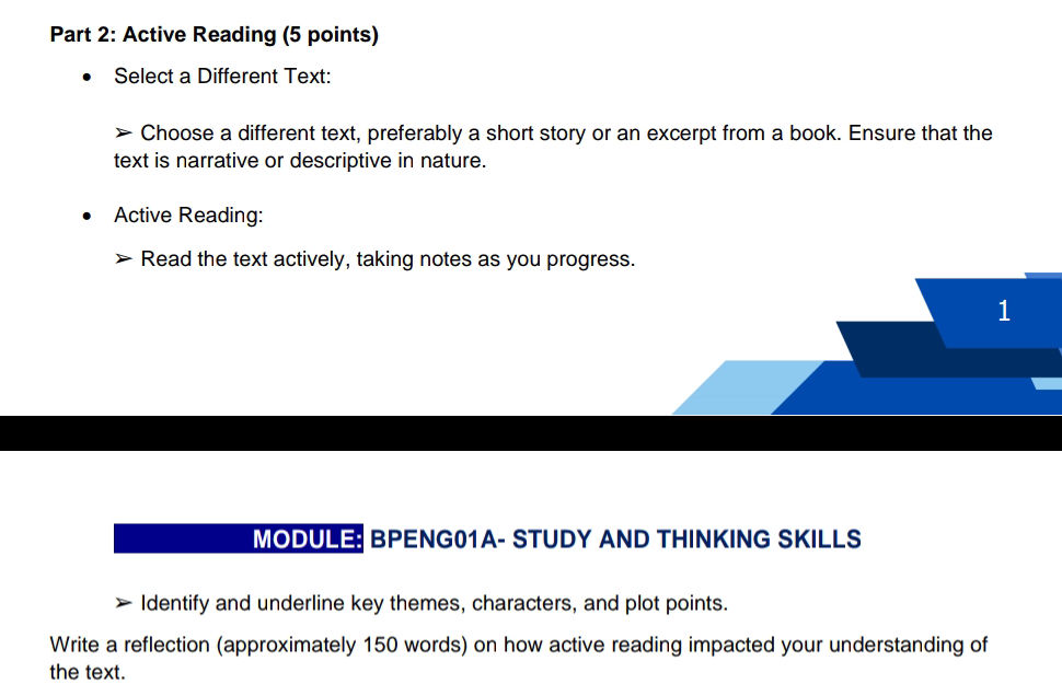 Part 2: Active Reading (5 points) * | StudyX