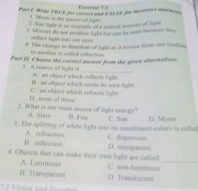 Exercise 7.2 Part I: Write TRUE for correct | StudyX