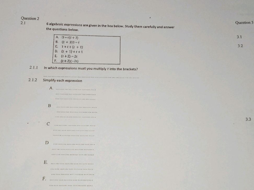 Question 2 2.1 6 algebraic expressions are | StudyX