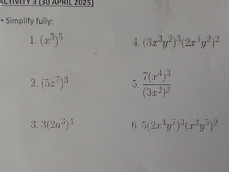 Simplify fully: 1. $(x^3)^5$ 2. | StudyX