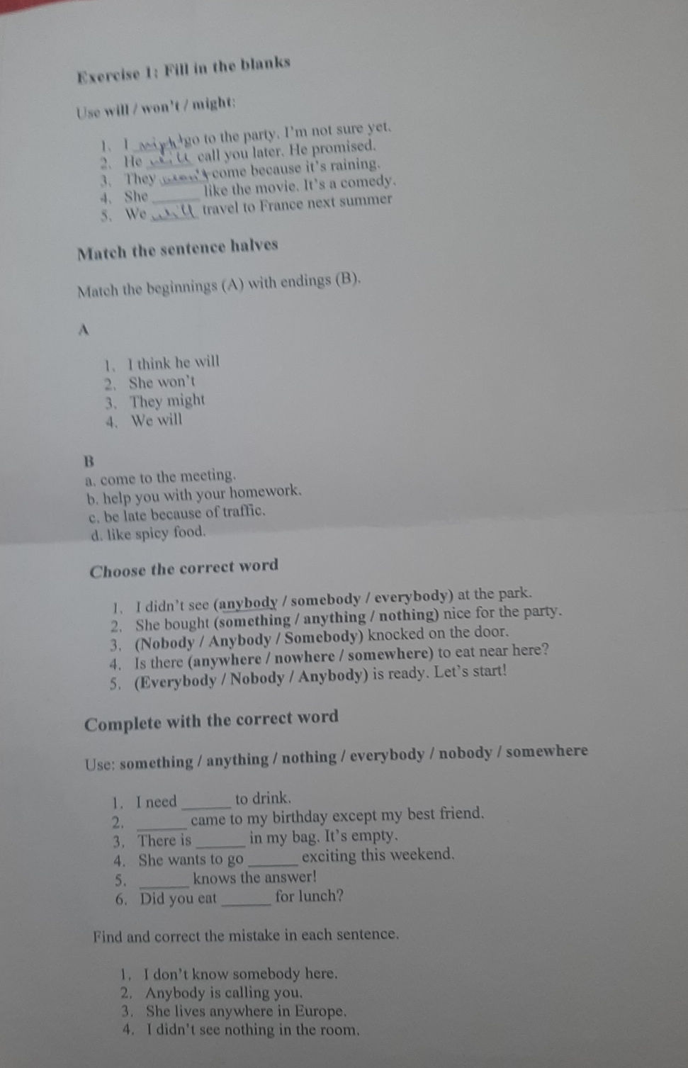 Exercise 1: Fill in the blanks Use will / | StudyX