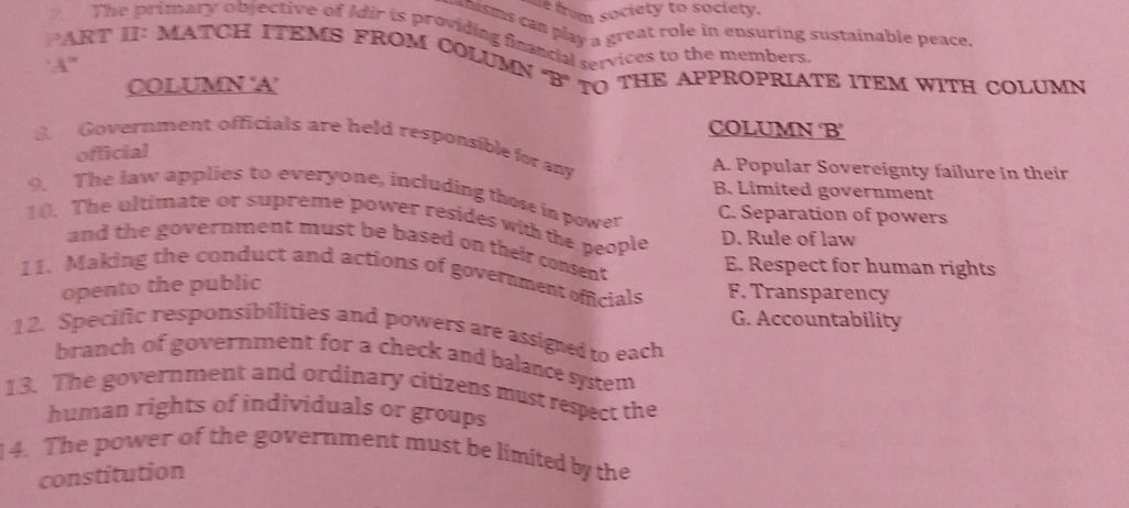 PART II: MATCH ITEMS FROM COLUMN "B" TO THE | StudyX