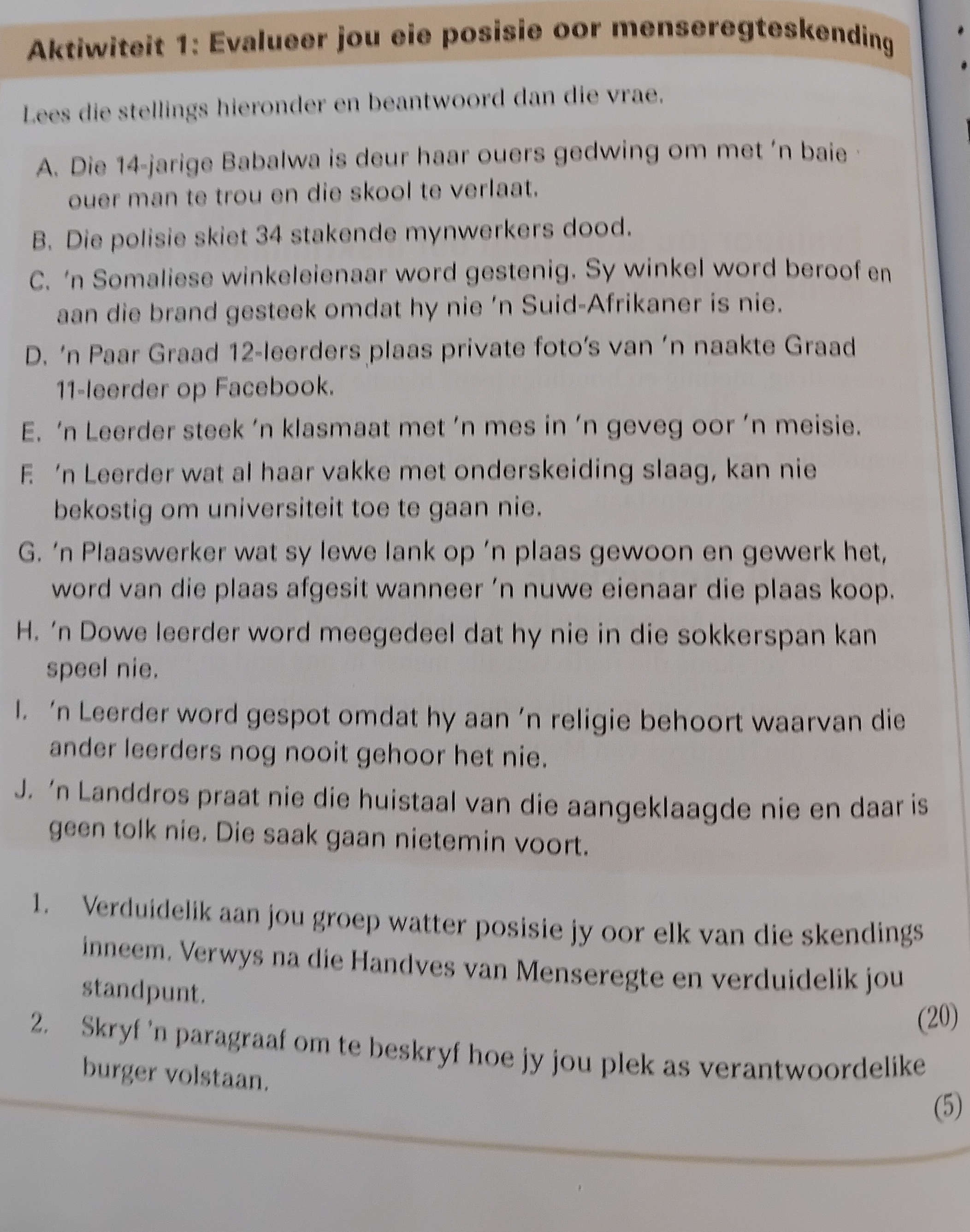 Aktiwiteit 1: Evalueer jou eie posisie oor | StudyX