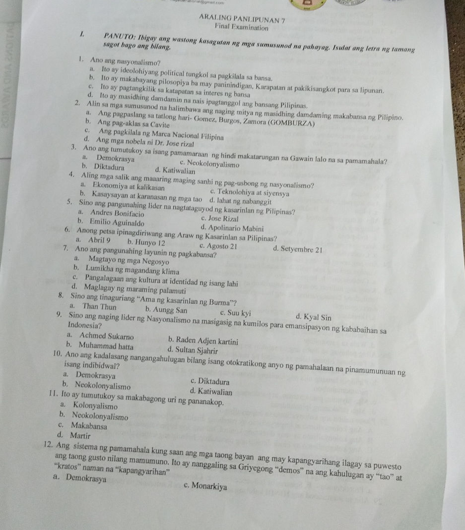 1. Ano ang nasyonalismo? a. Ito ay | StudyX