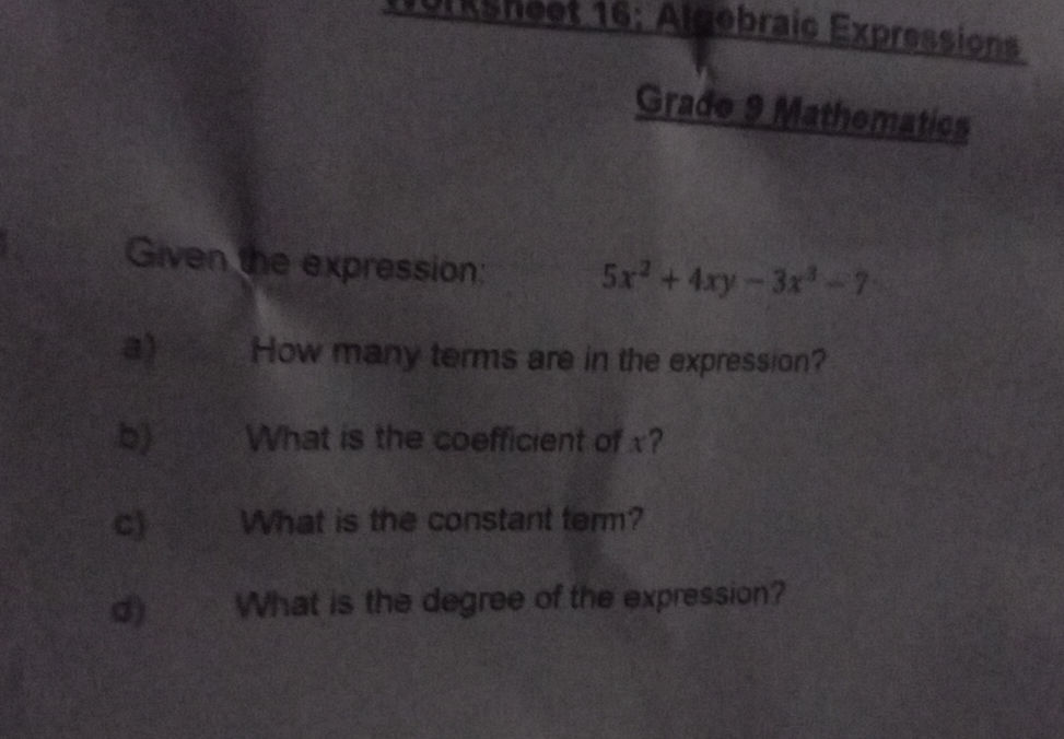Given the expression: $5x^2 + 4xy - 3x^2 - | StudyX