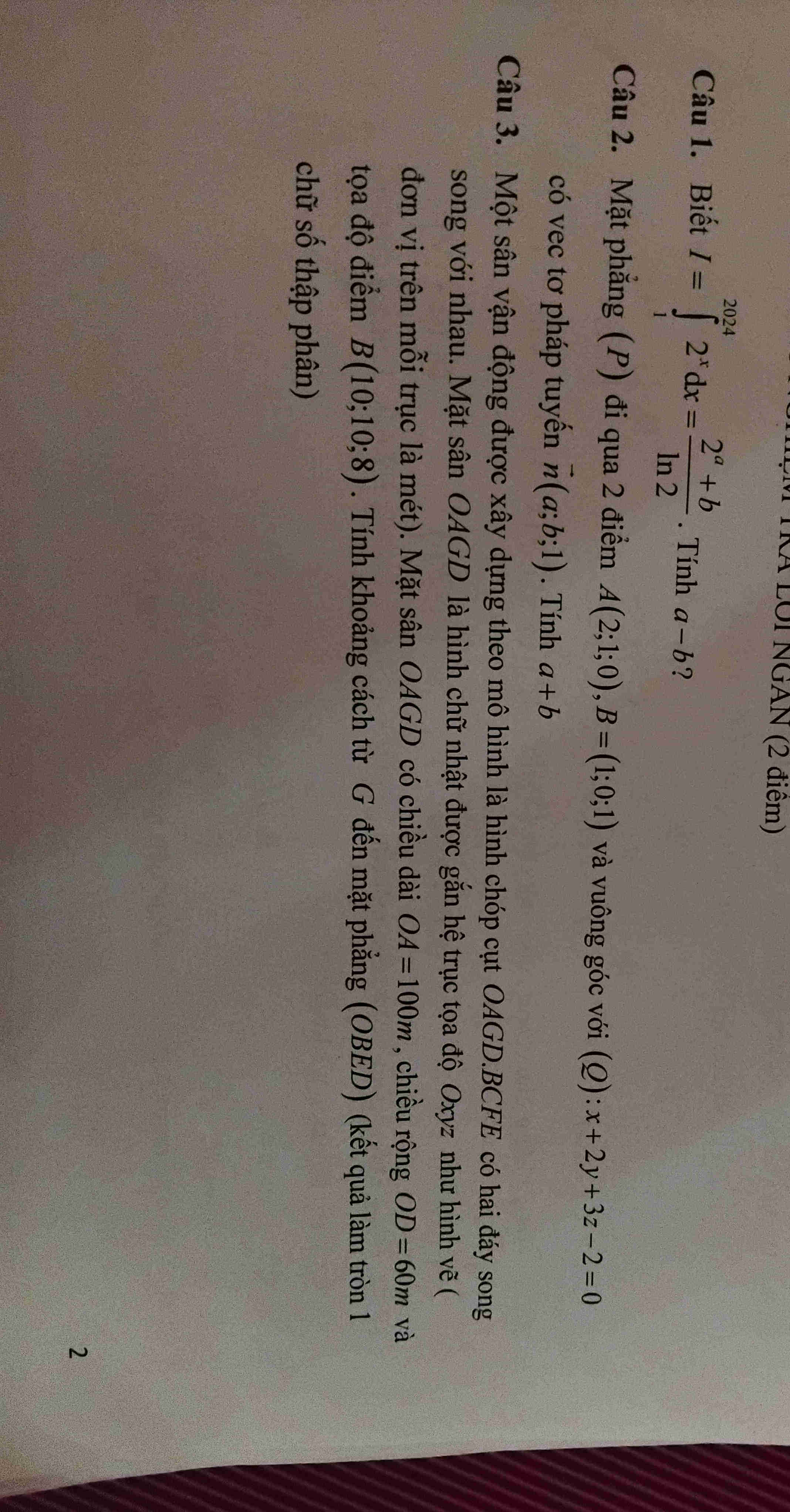 Câu 1. Biết $I = _{1}^{2024} 2^x dx = {2^a | StudyX
