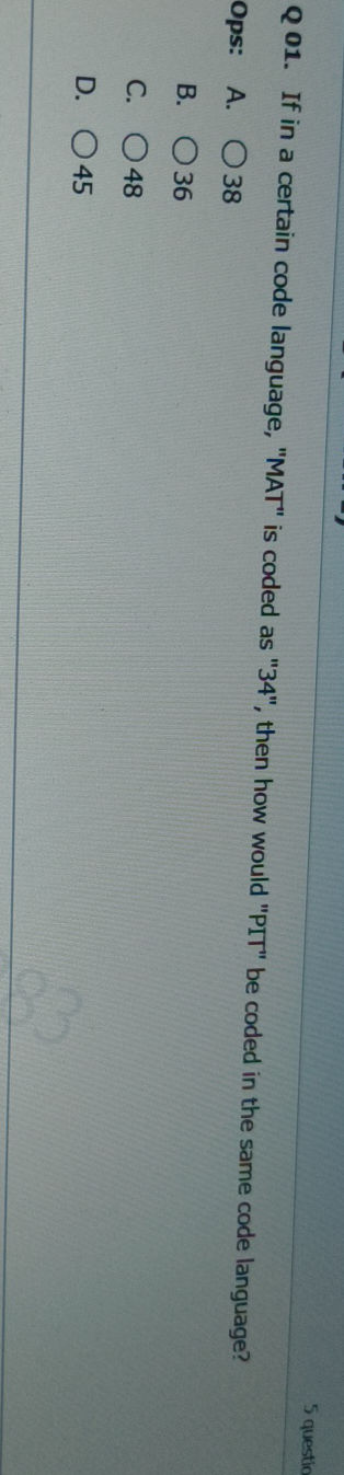 Q01. If in a certain code language, "MAT" is | StudyX