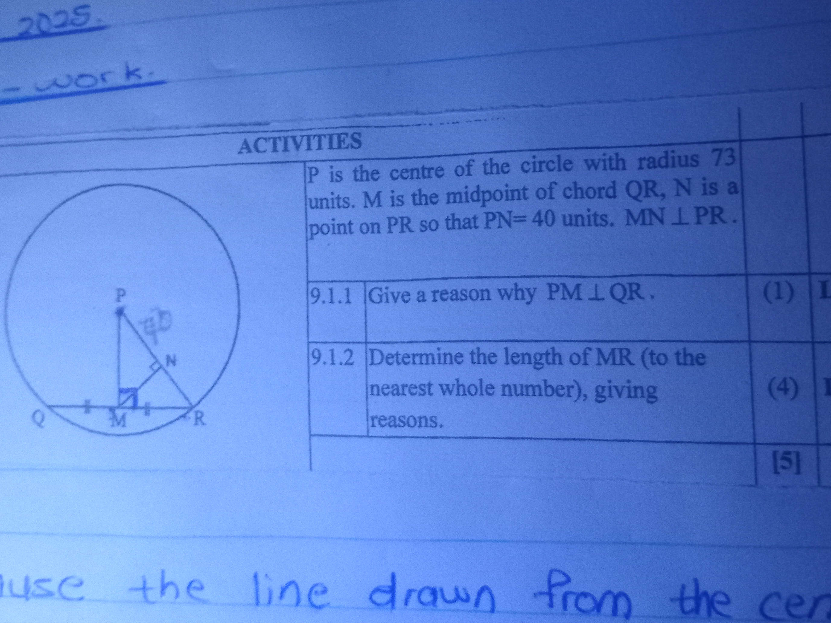 P is the centre of the circle with radius 73