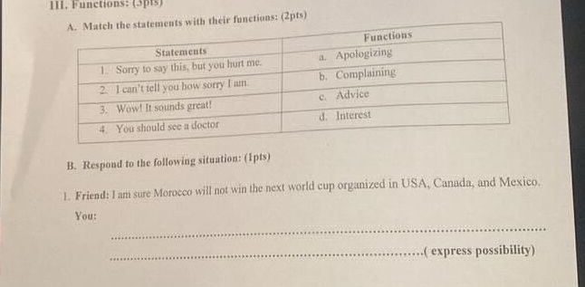 1II. Functions: (כpis) A. Match the | StudyX