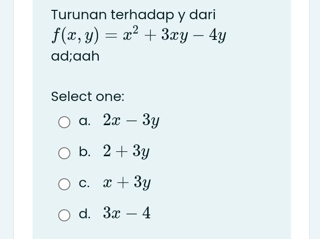 Turunan terhadap y dari $f(x, y) = x^2 + 3xy | StudyX
