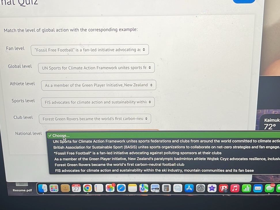 Match the level of global action with the | StudyX