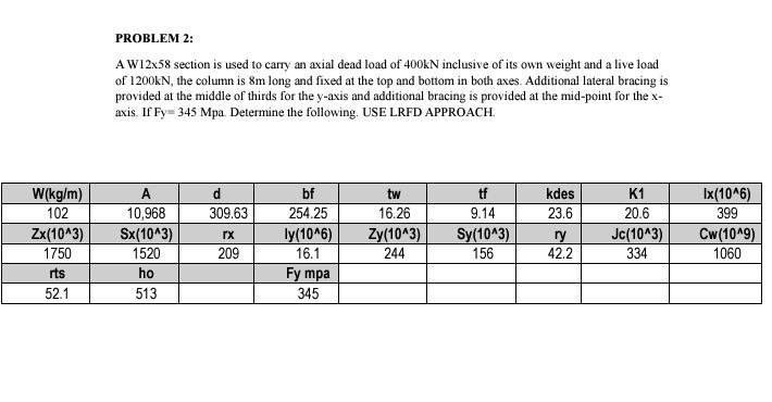 PROBLEM 2: A W12x58 section is used to | StudyX