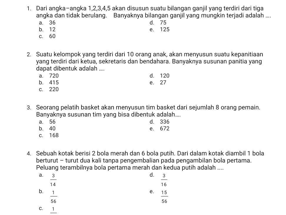 1. Dari angka-angka 1,2,3,4,5 akan disusun | StudyX
