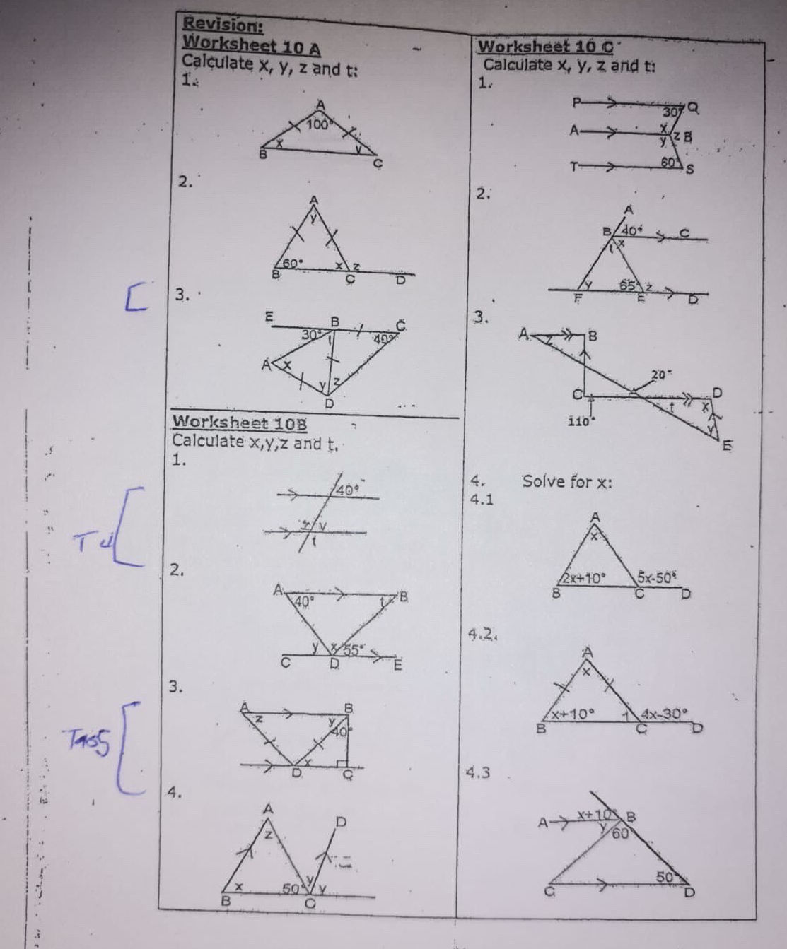 Worksheet 10 A Calculate X, y, z and t: 1. | StudyX