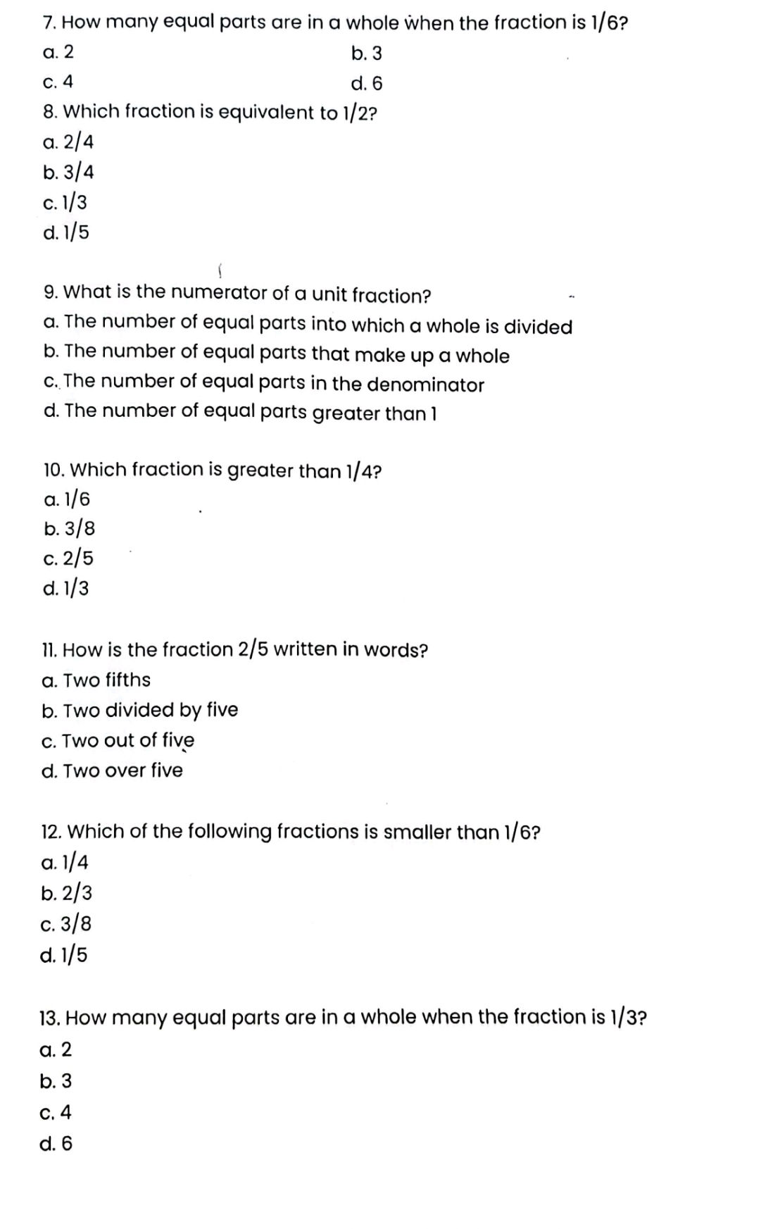 7. How many equal parts are in a whole when | StudyX