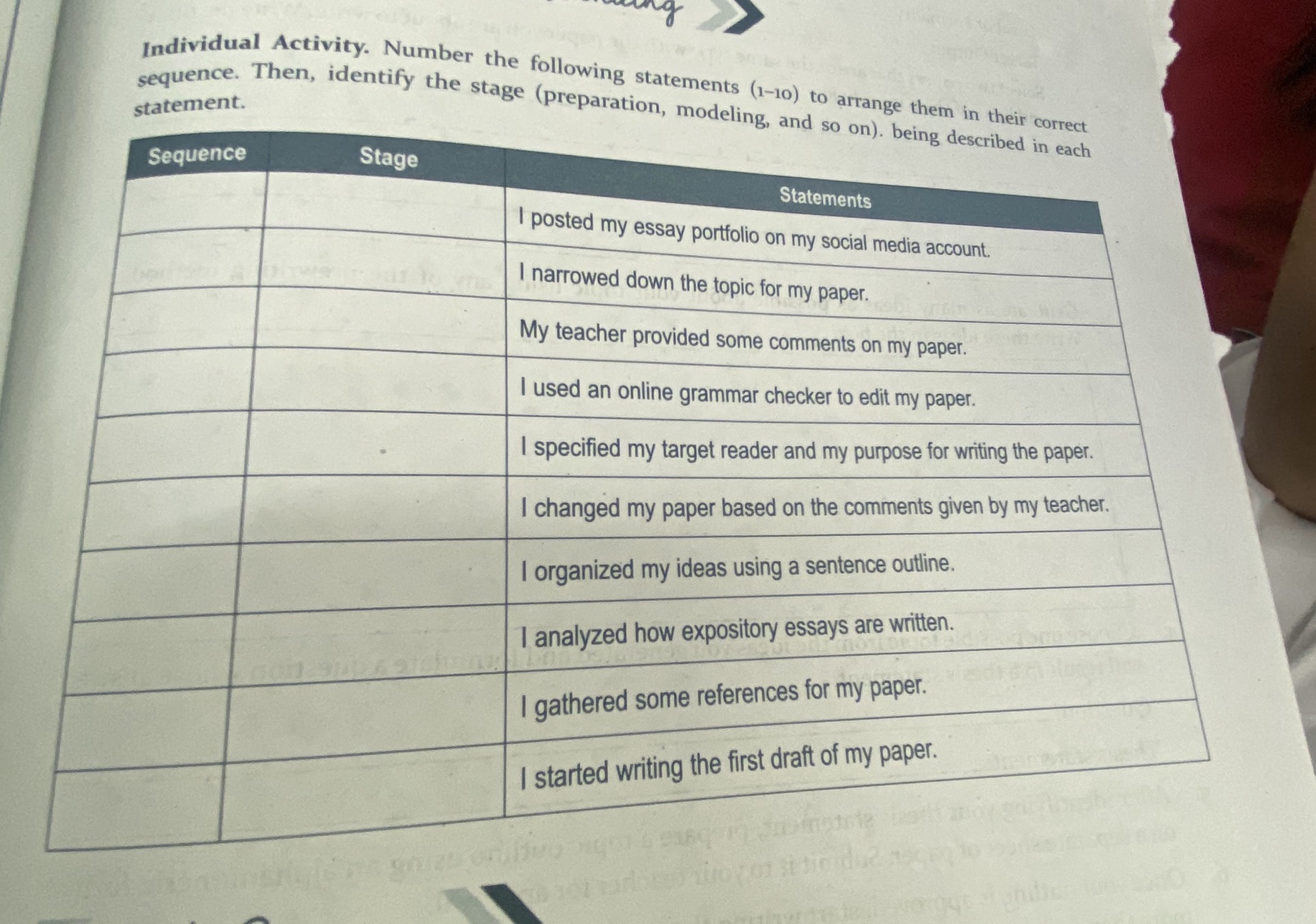 Individual Activity. Number the following | StudyX