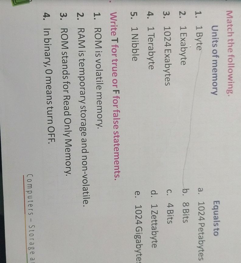 Match the following. Units of memory 1. 1 | StudyX