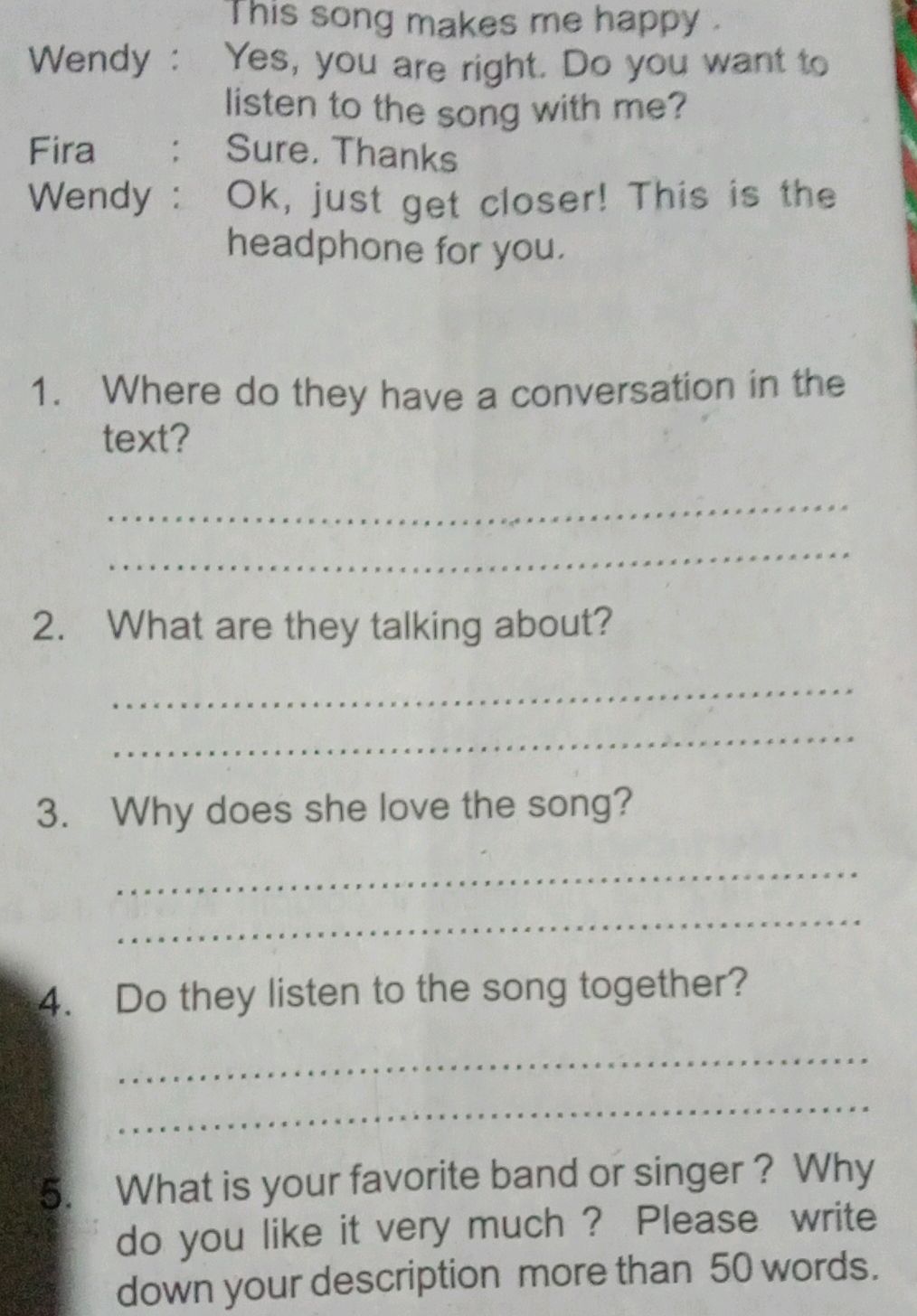 This song makes me happy. Wendy : Yes, you | StudyX