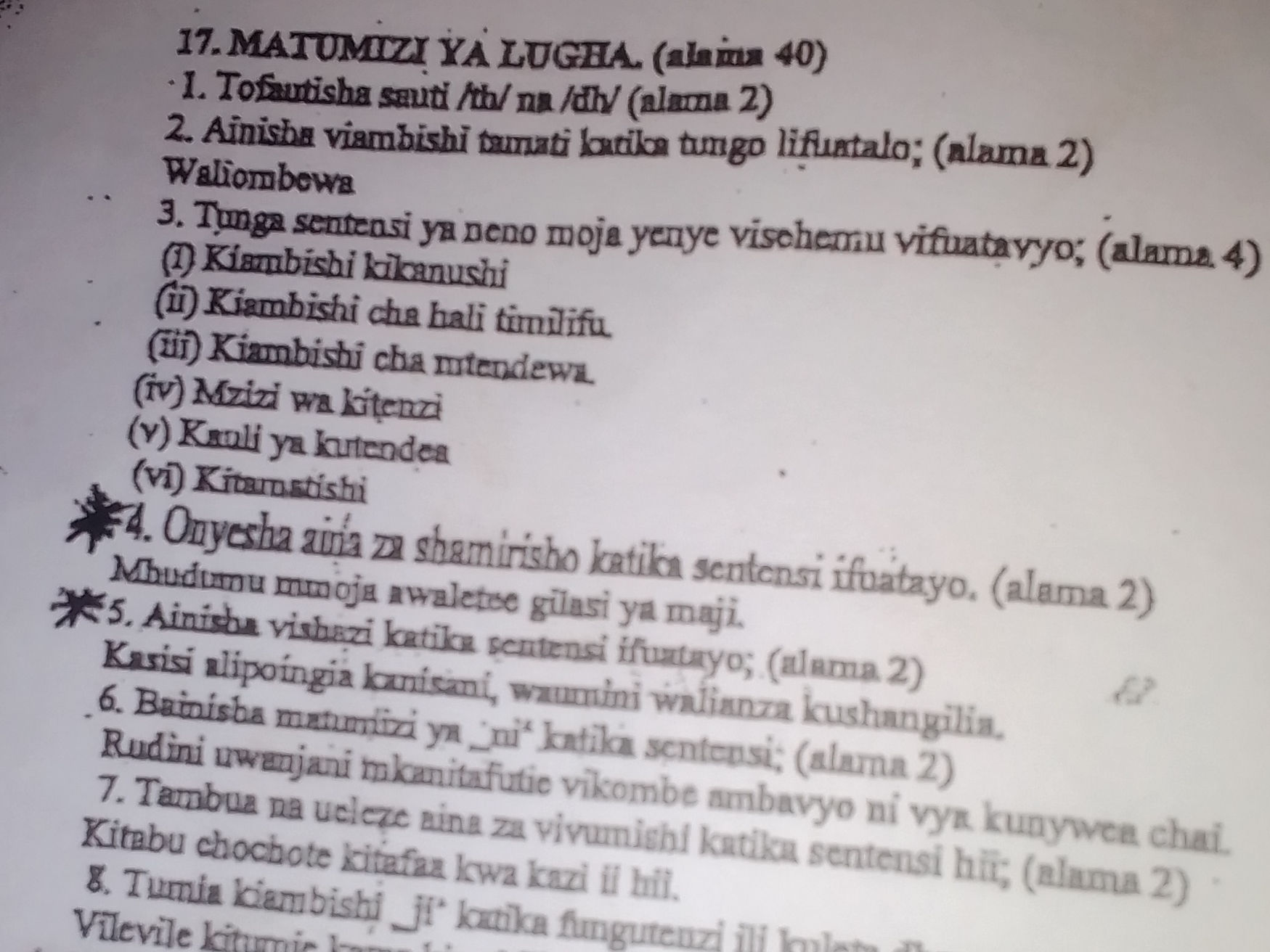 17. MATUMIZI YA LUGHA (alama 40) 1. | StudyX