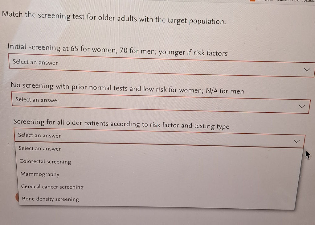 Match the screening test for older adults | StudyX