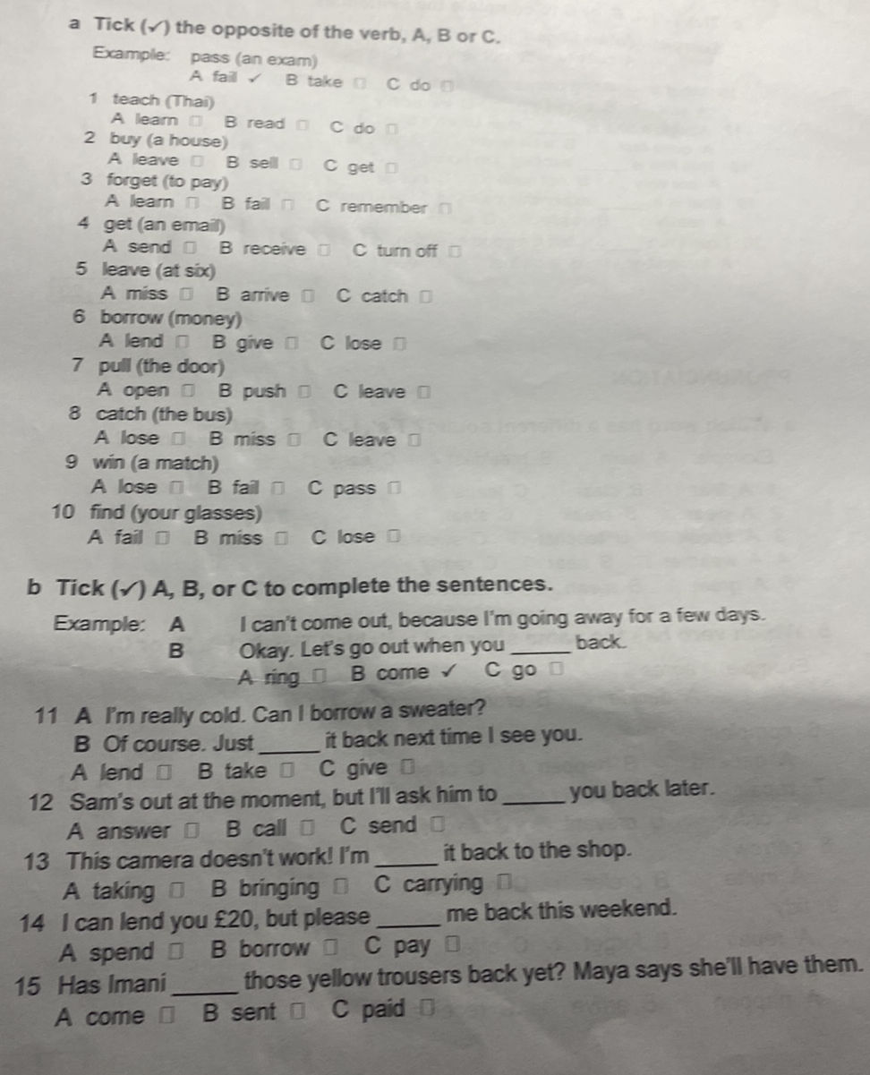 a Tick ( ) the opposite of the verb, A, B or | StudyX