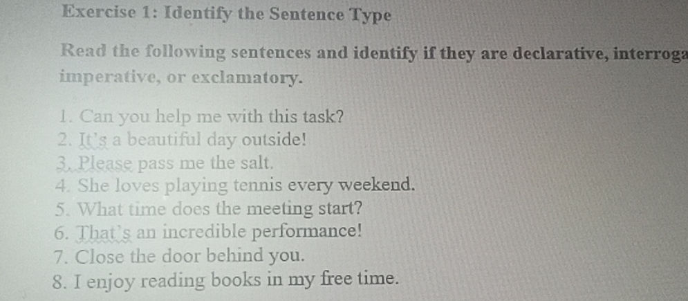 Exercise 1: Identify the Sentence Type Read | StudyX