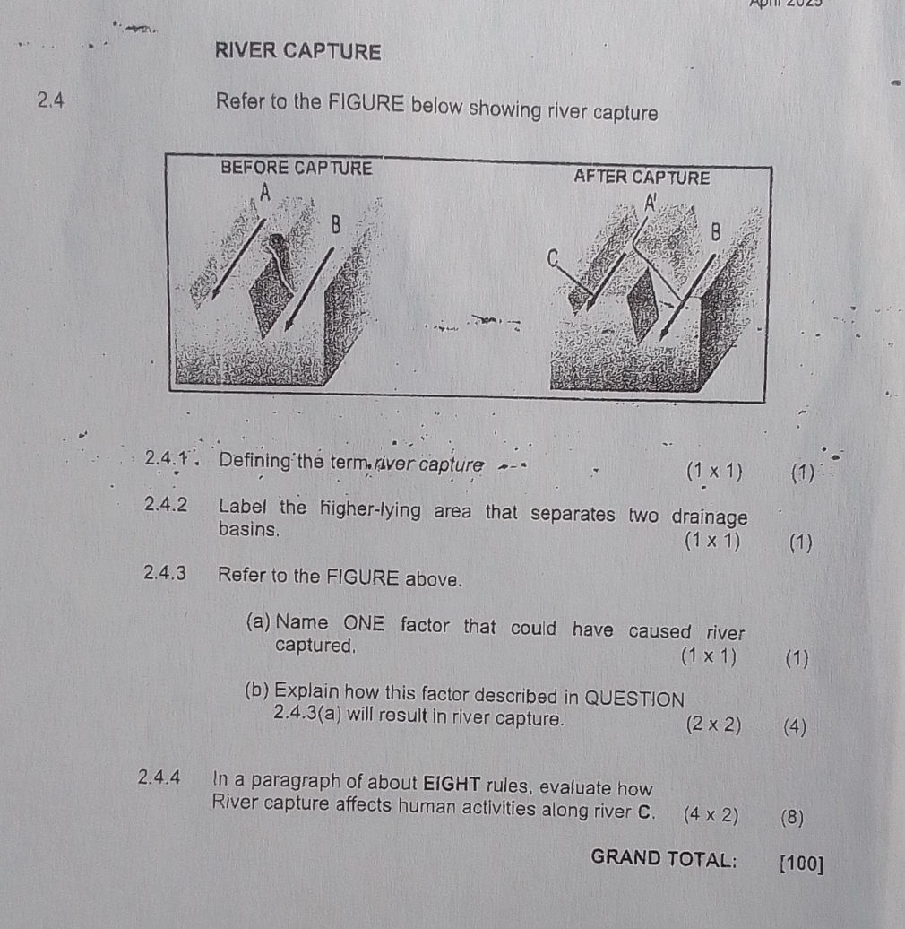 2.4 RIVER CAPTURE Refer to the FIGURE below | StudyX