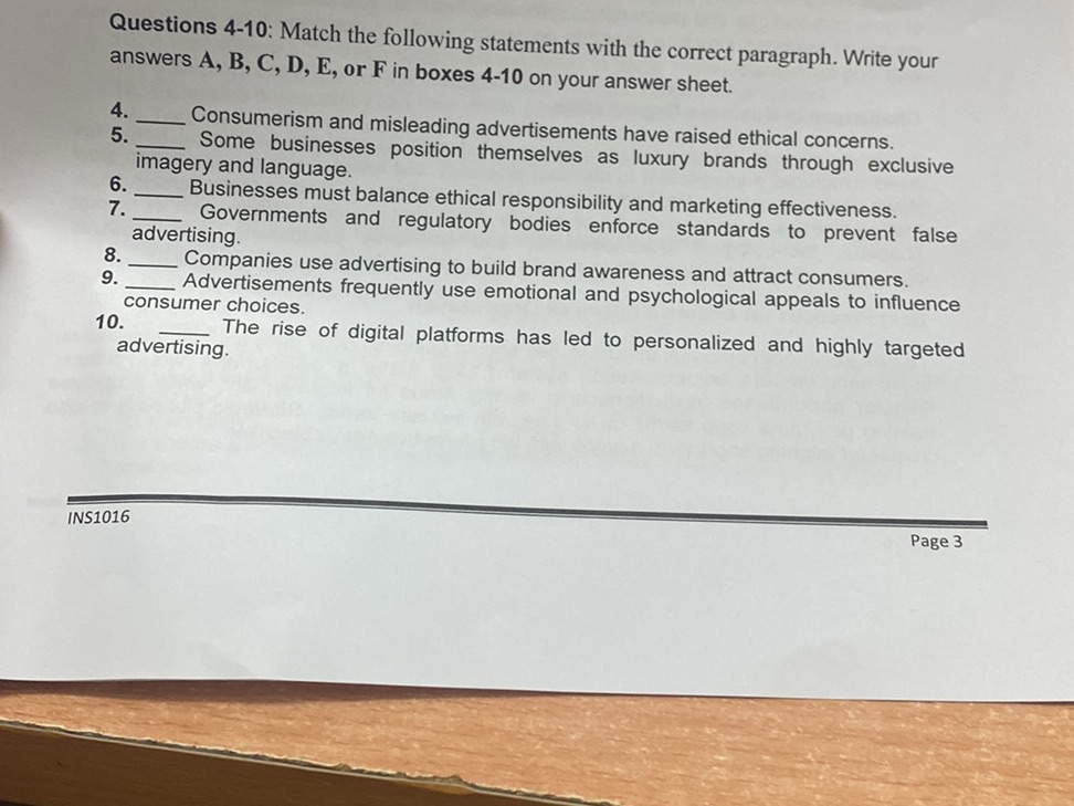 Questions 4-10: Match the following | StudyX