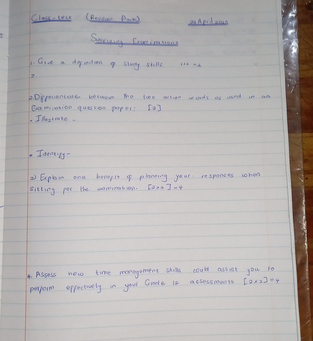 1. Give a definition of study skills. 1x2 = | StudyX